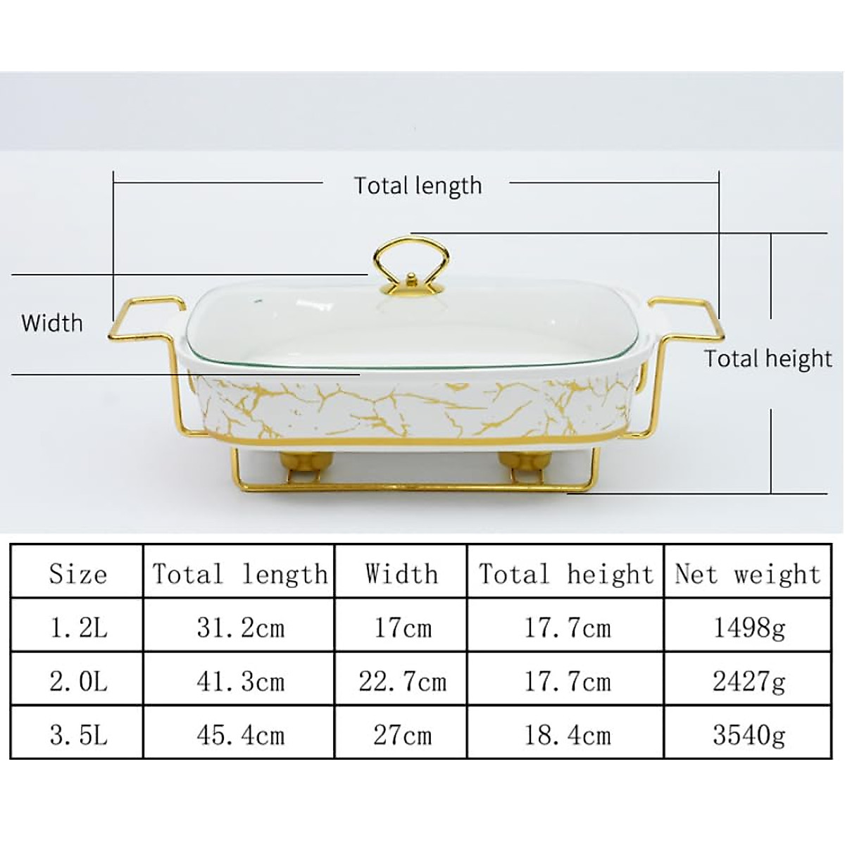 HONHPD 3PCS Rectangular Porcelain Casserole Warming Trays for Food, Ceramics Chafers, and Buffet Warmers Sets, Ceramics Chafing Dish Buffet Set, Gold Plating Serving Dishes(11inch.13inch.15inch）