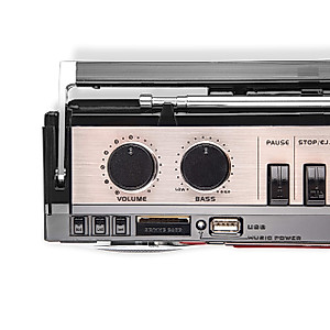 Riptunes Cassette Boombox, Retro Blueooth Boombox, Cassette Player and Recorder, AM/FM/SW-1-SW2 Radio-4-Band Radio, USB, and SD, RED