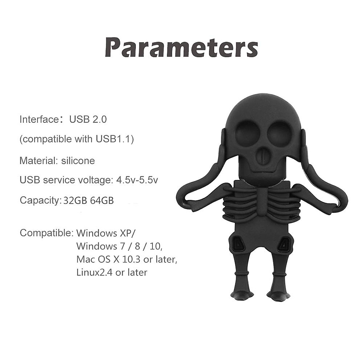 32GB USB Flash Drive Cartoon Skeleton Shaped Memory Stick, BorlterClamp Cool Thumb Drive Pen Drive Amazing Gifts, Black
