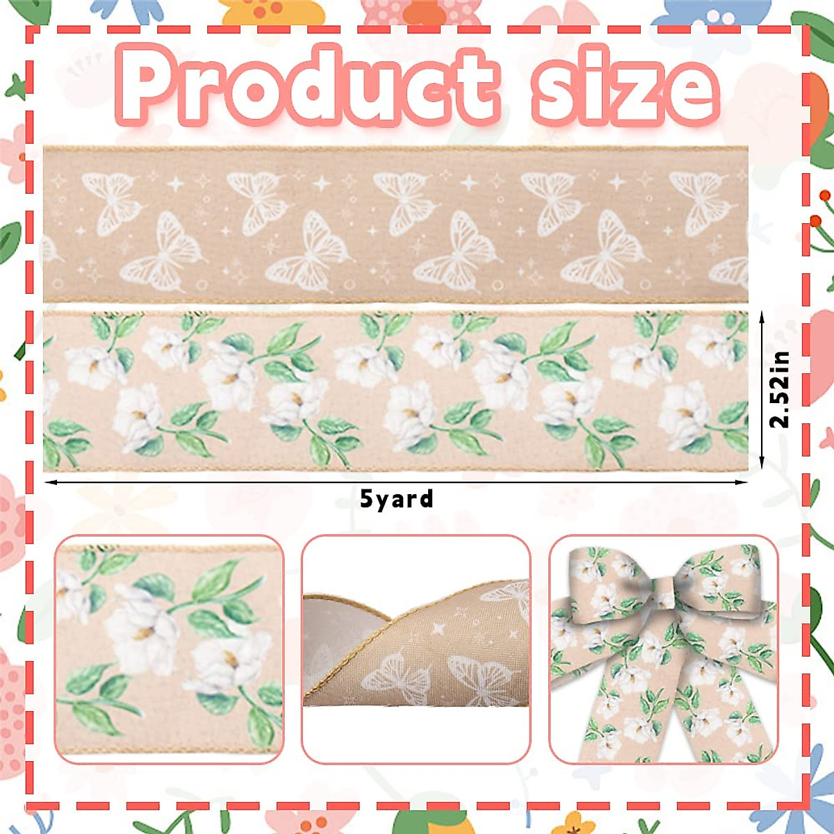 ALIBBON 2 Rolls 2.5" × 5 Yd Spring Magnolia Butterfly Wired Edge Ribbon Spring Flower Burlap Ribbons Lace Butterfly Ribbon Flaxen Ribbon for Spring Wreath DIY Crafting Gift Wrapping Party Decoration