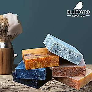 BLUEBYRD Soap Co Artisan Handmade Men's Soap Bars Set of 6, Masculine Scented Fragrance Man Bar Soaps Variety Pack 6, Natural Exfoliating Men's Soap Gift for Dad | Sandalwood, Citrus Cedar Sage, Bay Rum, Deep Sea Pumice, Pine Soap Scrub (MENS)