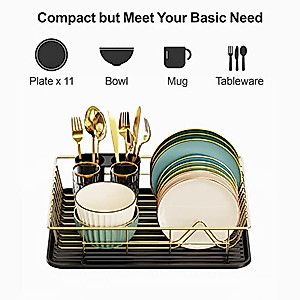 GSlife Dish Drying Rack with Drainboard - Dish Racks for Kitchen Counter, Dish Drainer with Utensil Holder, No Drain Spout, Gold and Black