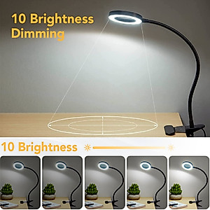 lishumei LED USB 5X Magnifying Desk Lamp with Clamp, 48 LED Desk Lamp with 3 Color Modes 10 Brightness, 360 ° Flexible Gooseneck Clamp Lamp for Bed Headboard Reading Makeup Eyebrow