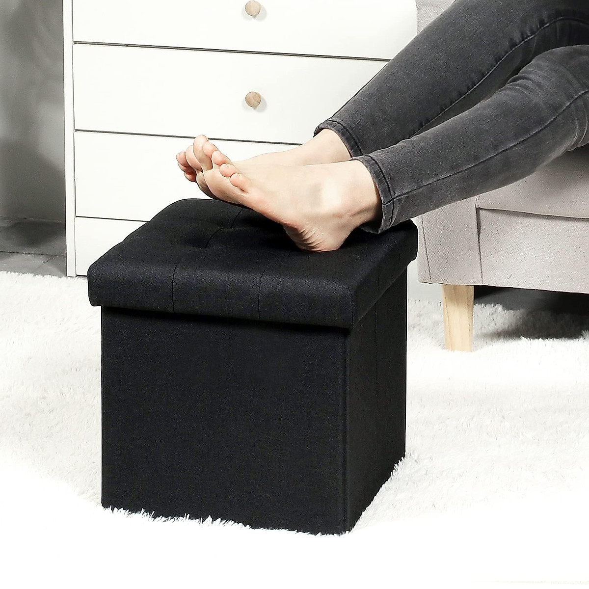 B FSOBEIIALEO Storage Ottoman Cube, Storage Chest Folding Foot Rest Seat, Linen Black 12.6"X12.6"X12.6" (2 Pack)