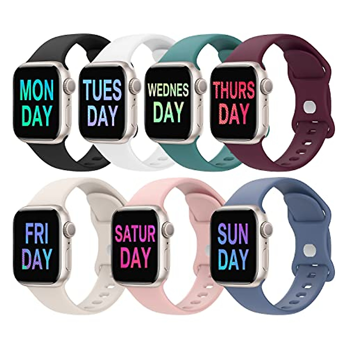 [7 Pack] Mage Plus Silicone Band Compatible with Apple Watch 38mm 40mm 41mm，Women and Men Sport Strap for iWatch Bands Series 8 7 SE 6 5 4 3 2 1-38mm/40mm/41mm