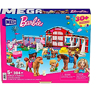 Mega Barbie Pets Horse Toy Building Set with 3 Micro-Dolls and Accessories, 9 Pets, Easy-to-Build Horse Stables Playset,