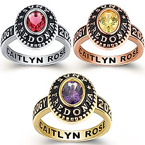 Ccjcinata Custom Fully Personalized Class Rings for Women High School 10kt White Gold Rings Birthstone Graduation Rings Size 5-15 High School Rings for Women