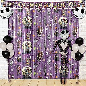 Christmas Nightmare Birthday Party Decorations, Halloween Theme Tinsel Foil Fringe Curtains,Nightmare Photo Booth Prop Backdrop, Happy Birthday Banner,Halloween Birthday Party Decorations