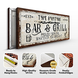 Tailored Canvases Custom Bar and Grill Sign - Canvas Wall Art Decor for Man Cave, Hideout, Kitchen, Pub, Diner and Restaurant - Rustic Bar & Grill Hook on Cloth with 1 Beer Mug and Griller, 20x10