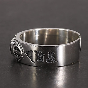 Pure Silver Ring, Buddhism six true word ,Sterling Silver 925 , Natural Garnet Gemstone, Adjustable open ring, Retro Folk style, unisex ring