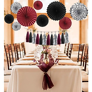 24PCS Maroon Decorations Burgundy Black Silver Party Paper Streamers Tassel Banner Garland Paper Flower Fans Wall Hanging Backdrop Graduation Birthday Bridal Shower Wedding Décor