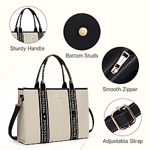 Missnine Tote Bag Canvas Laptop Bag 15.6 inch Briefcase for Women Large Capacity Handbag for Office, College, Travel (Beige+black)