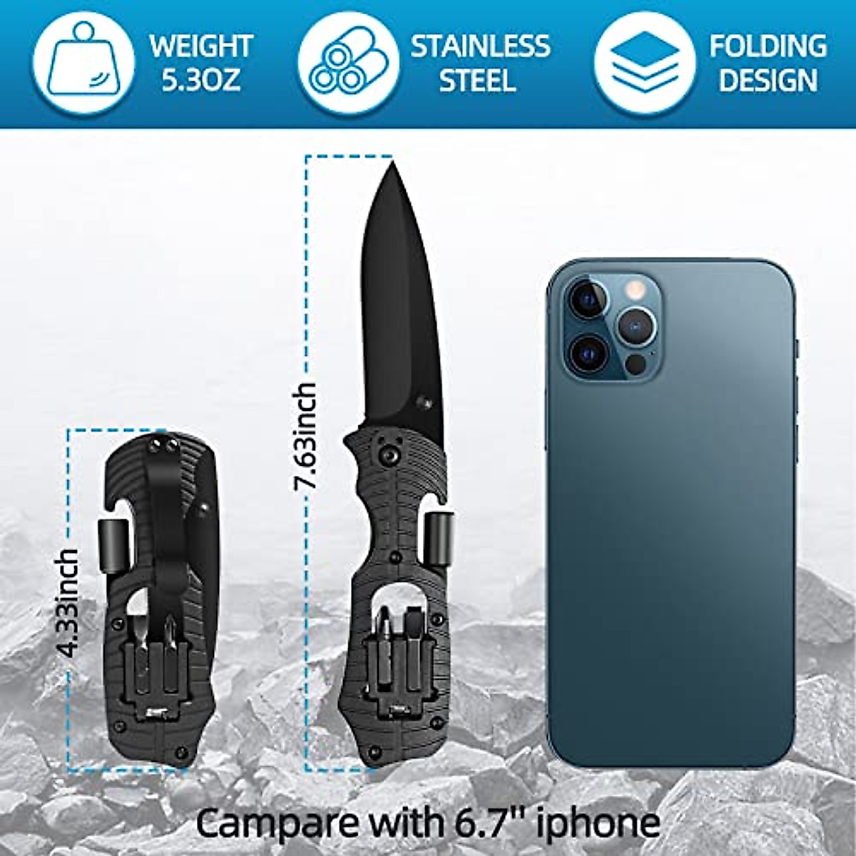 Pocket Knife, Christmas Stocking Stuffers 7 In 1 Multitool Stainless Steel Folding Knife with Screwdrivers Safety Lock Camping Accessories Survival Gear Gifts for Him Men Dad Husband Boyfriend (Black)