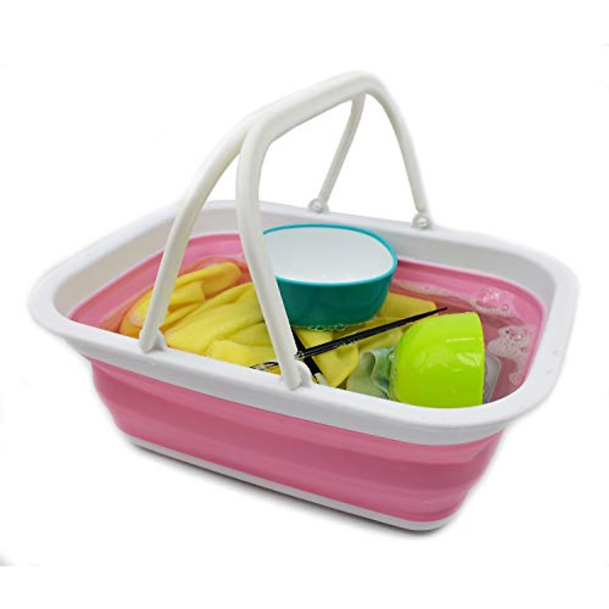 SAMMART 9.2L (2.37Gallon) Collapsible Tub with Handle - Portable Outdoor Picnic Basket/Crater - Foldable Shopping Bag - Space Saving Storage Container (1, White/Pink)
