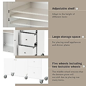 Kitchen Island Carts on Wheels, Rolling Storage Cabinet Trolley 52.7" Foldable Drop-Leaf Breakfast Bar Spice Rack, Towel Rack & Drawer, Solid Wood Top Buffet Server Sideboard(White-B)