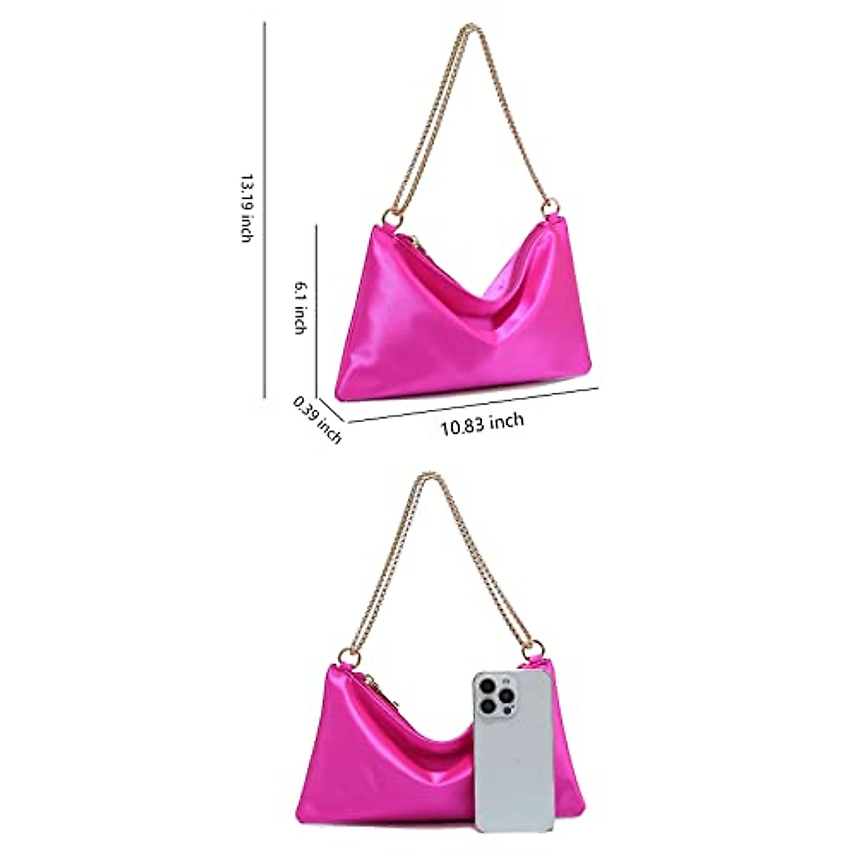 PHUMEE Satin Chain Strap Glossy Mini Clutch Square Purse for Women Hobo Bag Solid Shoulder Handbags