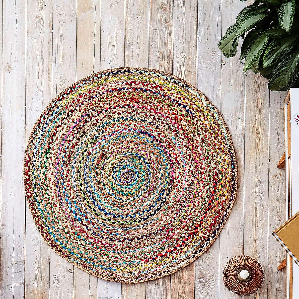 FRELISH DECOR Round Rug Area Rug, Jute & Cotton Multi Chindi Braid Rug, Hand Woven & Reversible- Handwoven from Multi-Color Vibrant Fabric Rugs Bohemian Colorful Rug (6 feet)