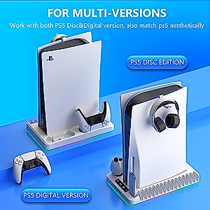 Cooling Stand for Playstation 5 Console Disc/Digital Edition, Cooling Station for PS5 w/Controller Charger,4 USB Hub&16 Games&Media Remote Holder&RGB Lights,Vertical Gaming Base for PS5 Accessories