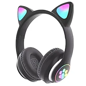 Cute Cat Headphone with Wireless BT Noise Cancelling Microphone & LED Lights- Black