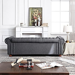 LUMISOL 88" Modern 3 Seater Sofa, Faux Leather Chesterfield Sofa with Rolled Arm, Tufted Upholstered Couch with Nailhead for Living Room, Apartment (Dark Gray)
