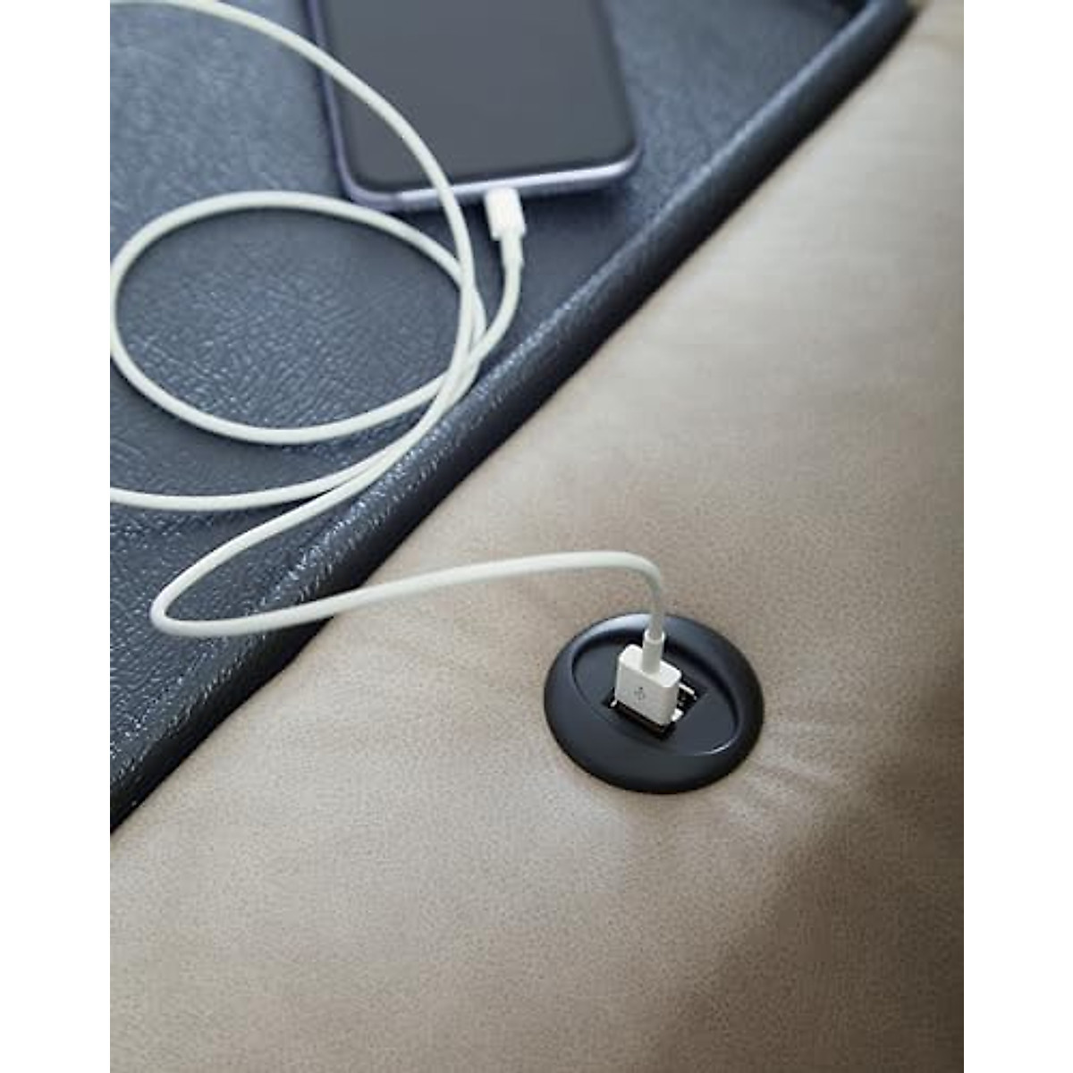 Signature Design by Ashley Lavenhorne Contemporary Faux Leather Manual Reclining Sofa with Drop Down Table, Cup Holders and USB Ports, Beige