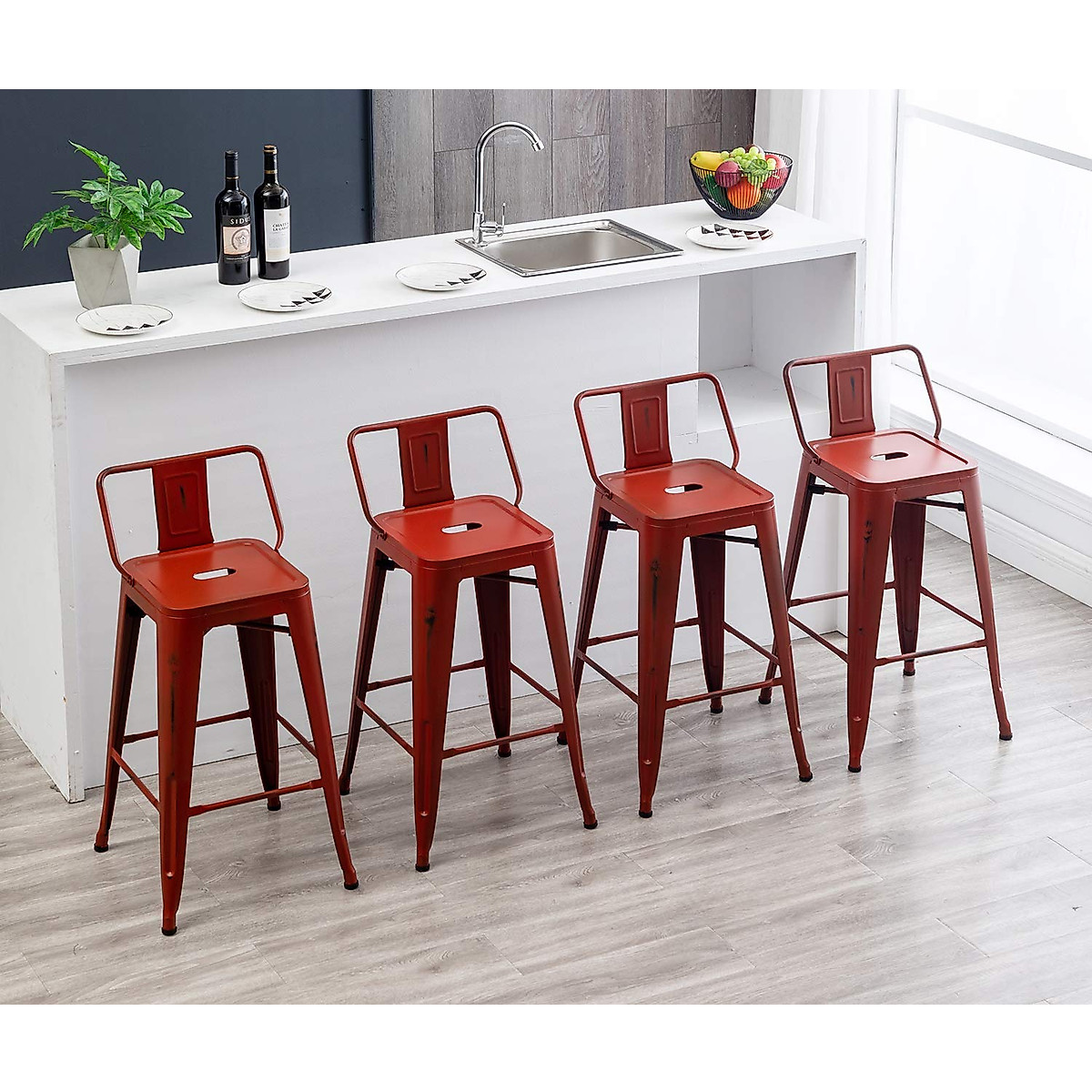 HAOBO Home 30" Metal Bar Stools Industrial Barstools Counter Height Stools for Indoor/Outdoor Barstools [Set of 4] (30", Low Back Distressed Red)