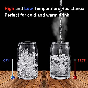 RLCOEUS Set of 4 Drinking Glass Cup with Bamboo Lids and 6 Glass Straws - Can Shape Beer Glasses for Smoothie, Whiskey, and Cocktails, 2 Cleaning Brushes