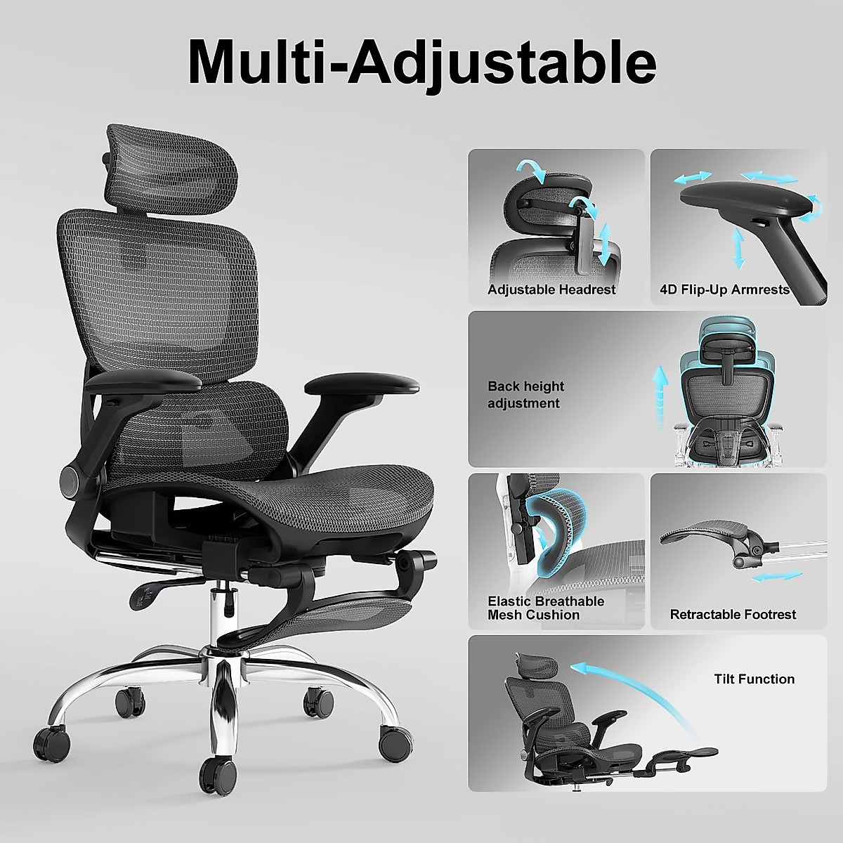 Ergonomic Office Chair, 400 LBS Capacity, Adjustable Adaptive Lumbar Support, High Back Mesh Chair with Flip-up Arms, Retractable Footrest, Gaming Chair