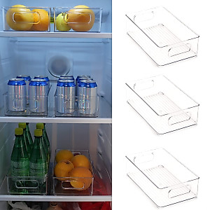 Pack of 6 Open Storage Bins Fridge Organiser Storage Box Stackable Containers Bin Drawer with Handles Kitchen Organisation for Pantry Cabinets Bathroom