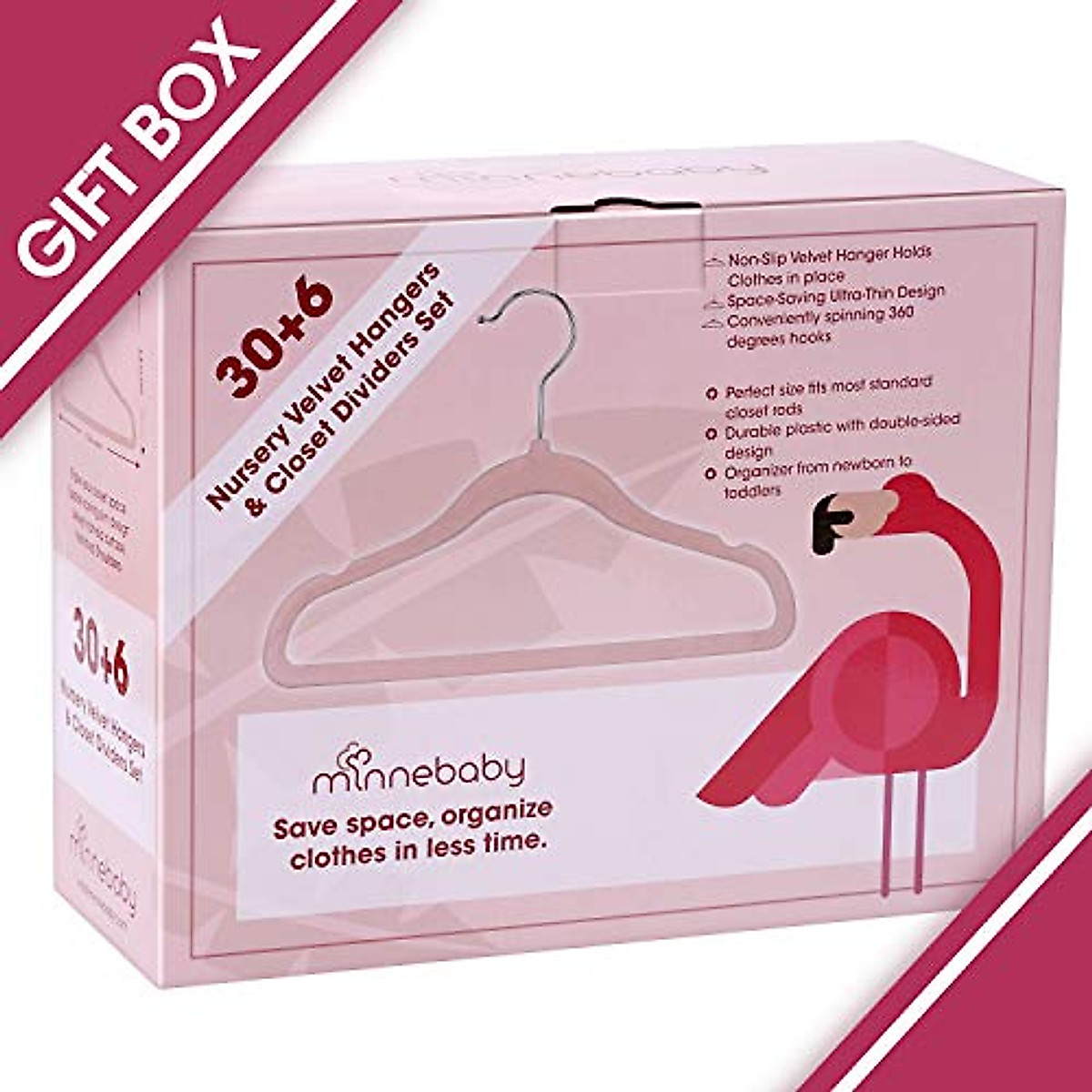 Minnebaby Velvet Baby Hangers 30 Pack, Ultra Thin No Slip Nursery Clothes Hangers with 6 Pcs Cute Clothing Dividers for Baby Boys & Girls Closet Organizer, Pink Kids Hangers
