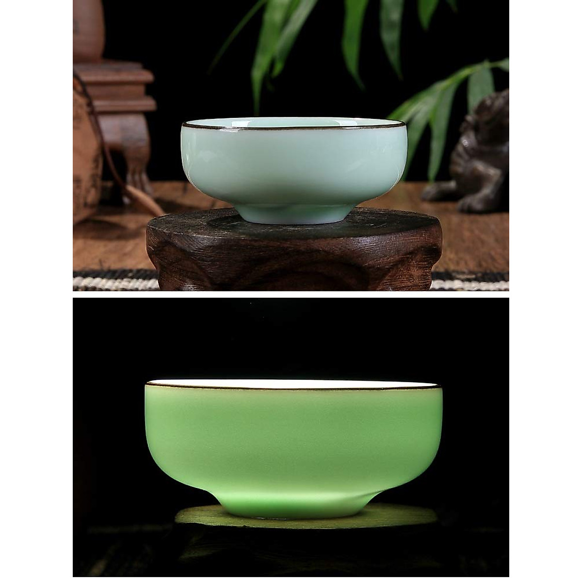 Hand Painted Kungfu Teacup,Chinese Long-quan Celadon Teacup,Fishes and Lotus Pattern,set of 6