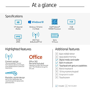 2021 HP Stream 14 inch HD Laptop PC, Intel Celeron N4000, 4GB RAM, 64GB eMMC, WiFi, Bluetooth, Webcam, HDMI, Windows 10 S with Office 365 Personal for 1 Year + Fairywren Card (Black)