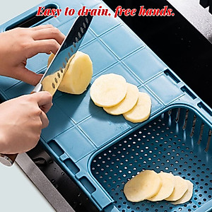 Multifunctional Chopping Board, Plastic Kitchen Sink Strainer with Stoarge Basket 3 in 1 for Cutting Washing Draining (Off White)