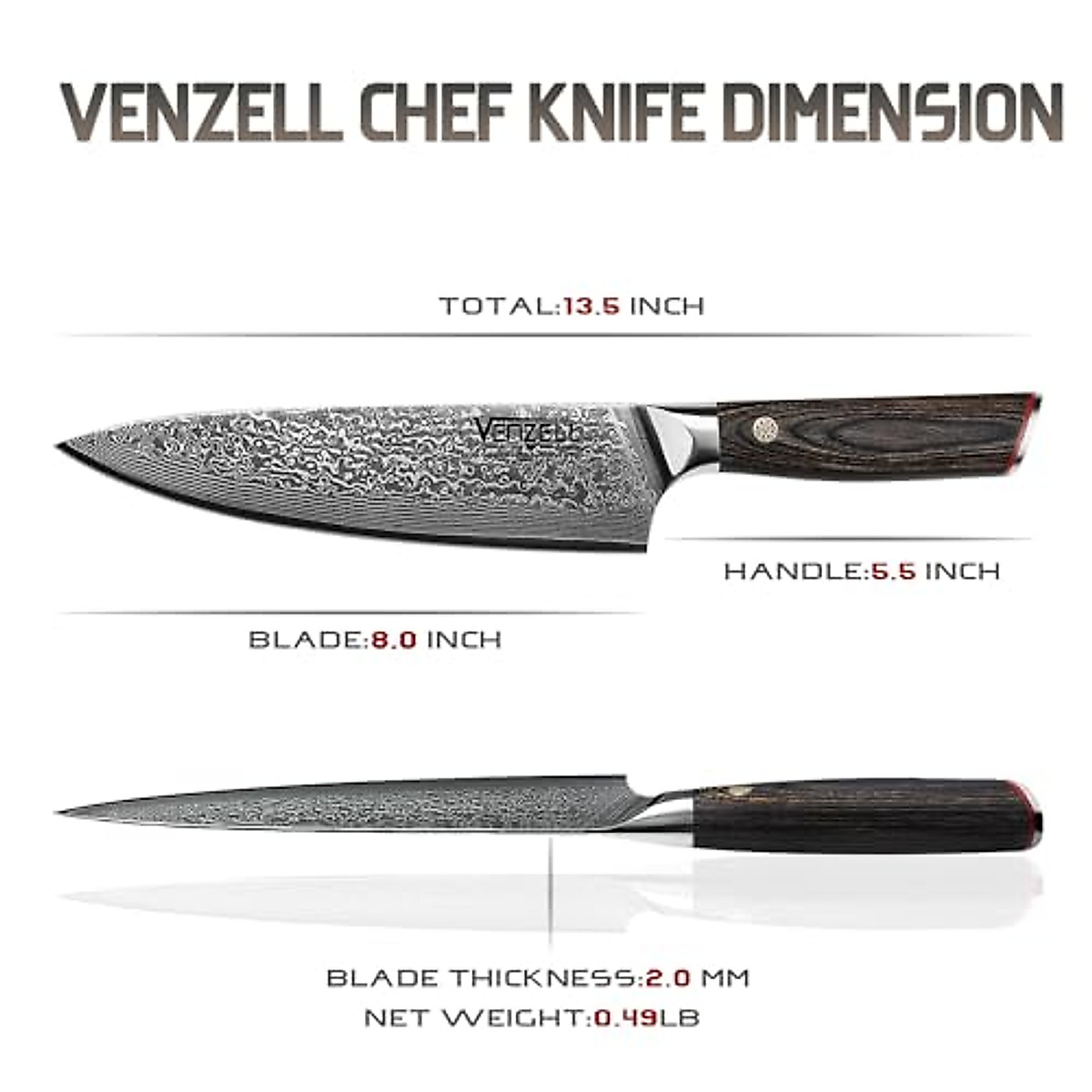 VENZELL Damascus Chef Knife 8 inch Kitchen Knife Premium Ergonomic Handle Cooking Knifewith Gift Box