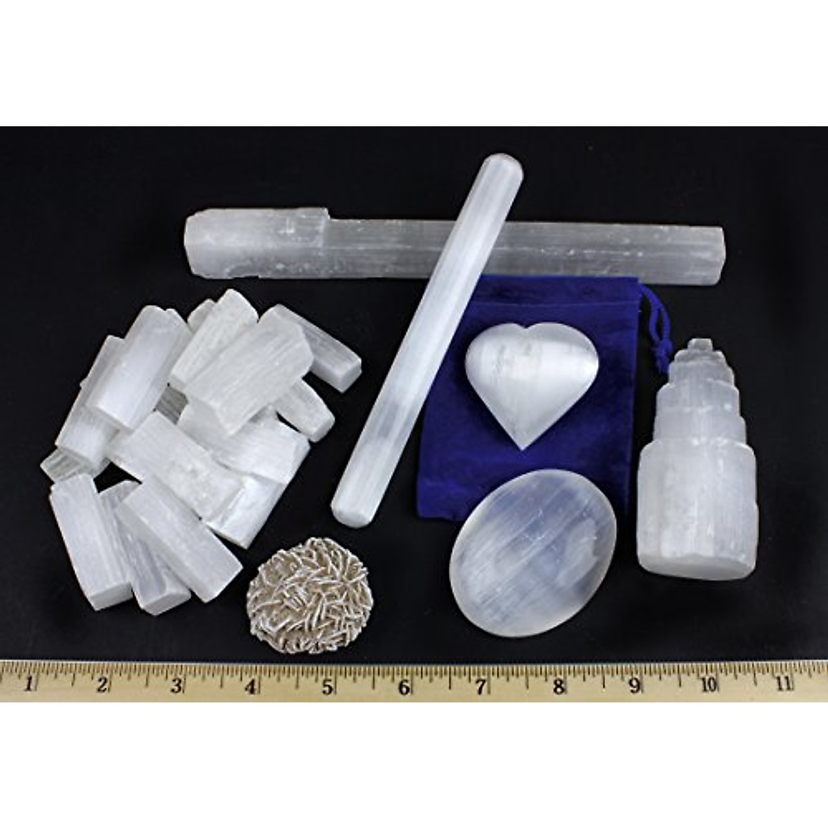 DANCING BEAR Selenite Protection Collection (22 pc Set): 12-15 Sticks (1.5-2”), Palm Stone, Heart, Tower, 8" Stick, 5.5" Massage Wand, and Desert Rose