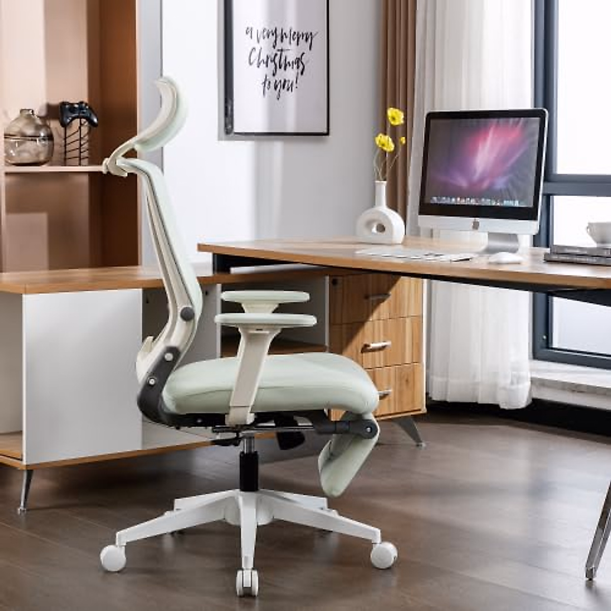 Ergonomic Mesh High Back Desk Chair, Adjustable Headrest Office Chair with 5d armrest and Foot Rest, tilt Function max 128° Computer Desk Swivel Chair with Wheels (Green)