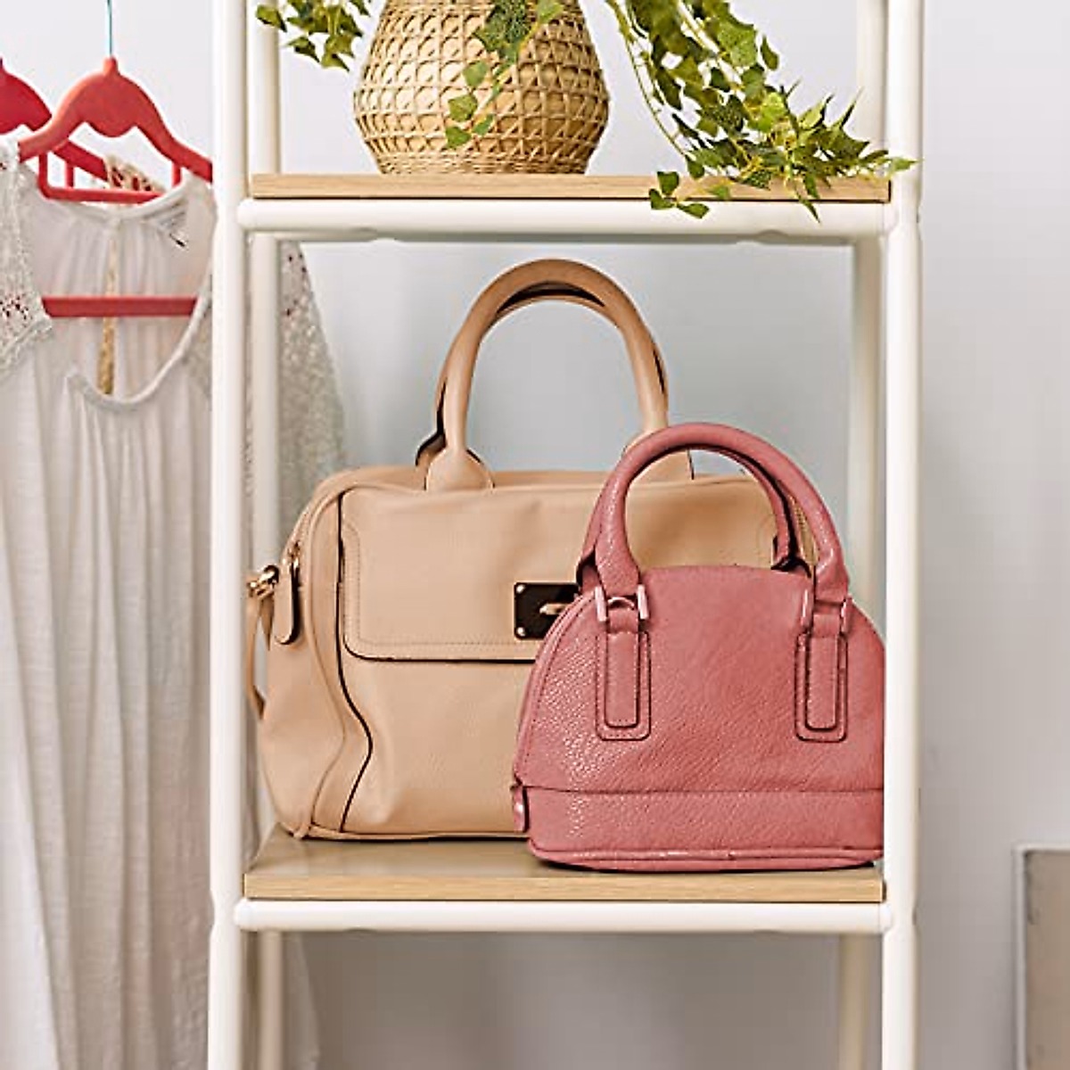 IRIS USA Clothing Rack, Clothes Rack with 4 Wood Shelves, Freestanding Clothing Rack, Easy to Assemble Garment Rack, Standing Metal Sturdy Clothing Rack, Small Space Storage Solution, White