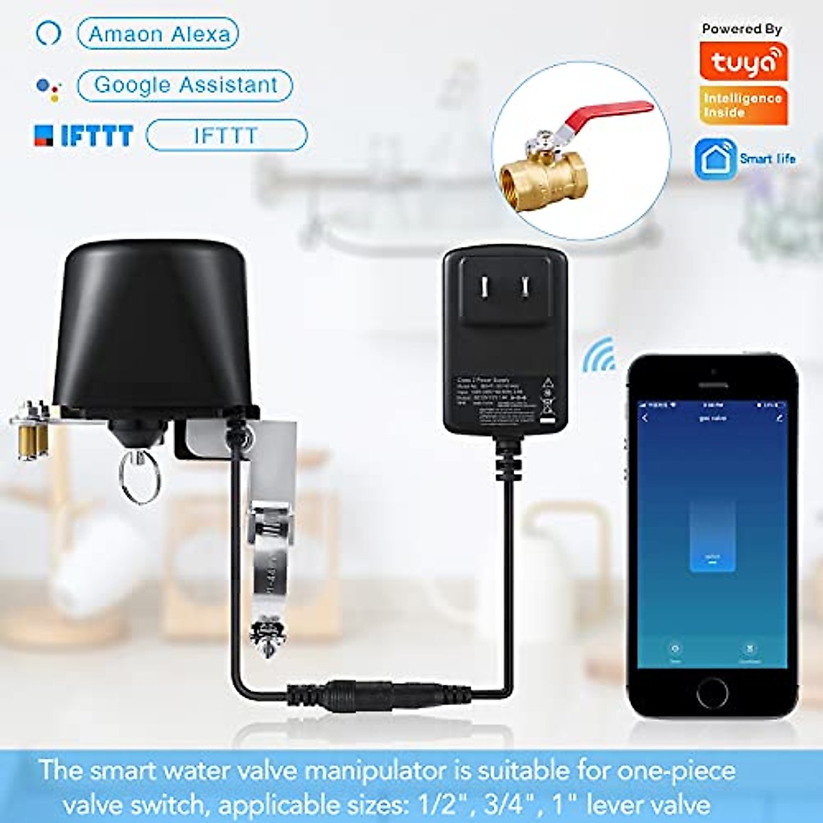 Smart Water Valve, Automatic Water Shut Off Valve Timer and Voice, Wifi Motorized Ball Valve Watering Timer, Sprinkler Controller , Compatible with Alexa Google, APP Remote Control