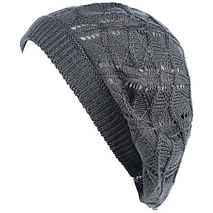 BYOS Chic Parisian Style Soft Lightweight Crochet Cutout Knit Beret Beanie Hat (2-Pack Wavy Stripes Charcoal Gray & Black)