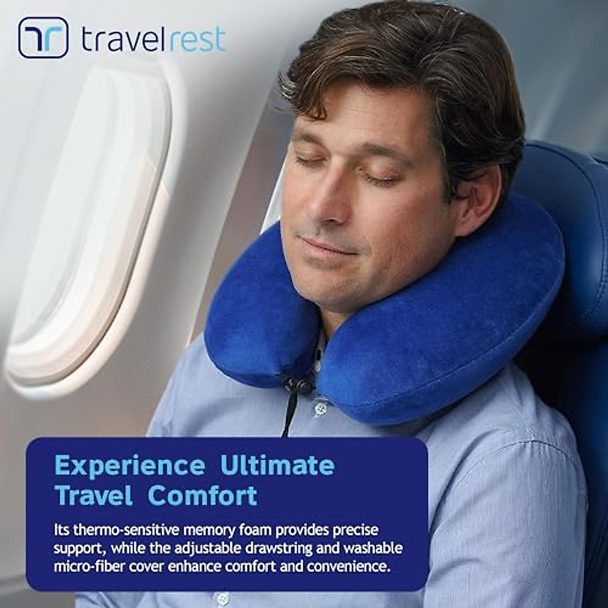 TRAVELREST - Travel & Neck Pillow, Therapeutic Memory Foam, Washable Micro-Fiber Cover, Soft and Comfortable - Head Support for Long Flights, Compact and Ergonommic Design, Attaches to Luggage - Blue