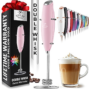Zulay Double Whisk Milk Frother Handheld Mixer- High Powered Frother For Coffee With Improved Motor - Electric Whisk Drink Mixer For Cappuccino, Frappe, Matcha & More, Twin Whisk (Cotton Candy)
