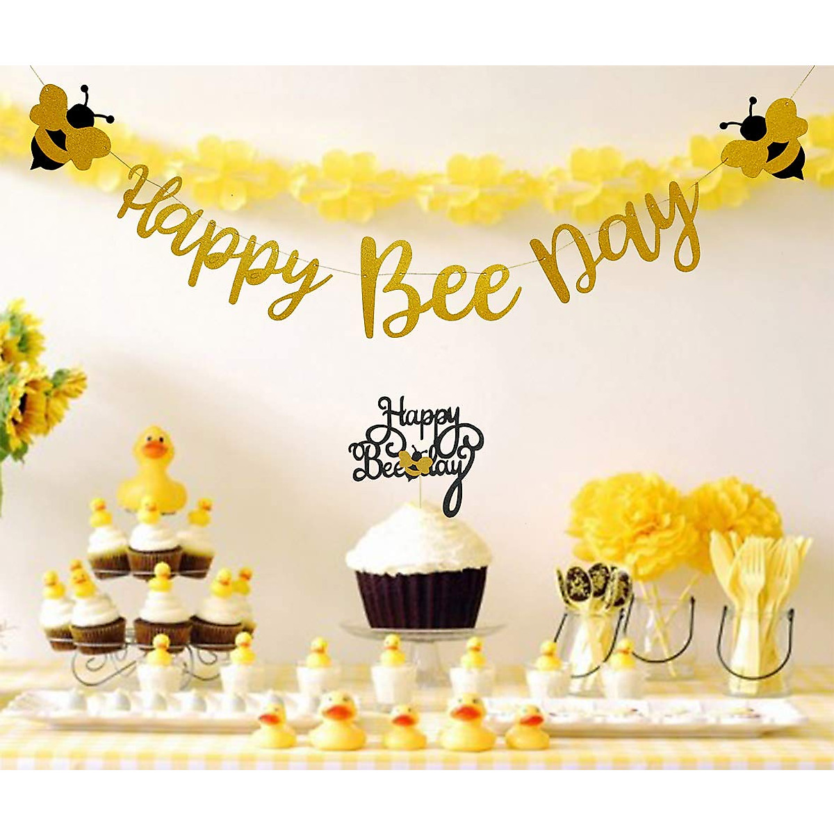 Happy Bee Day Banner and Gold Glitter Happy Bee Day Cake Topper for Bumble Bee Themed Birthday Party Supplies by Topfun