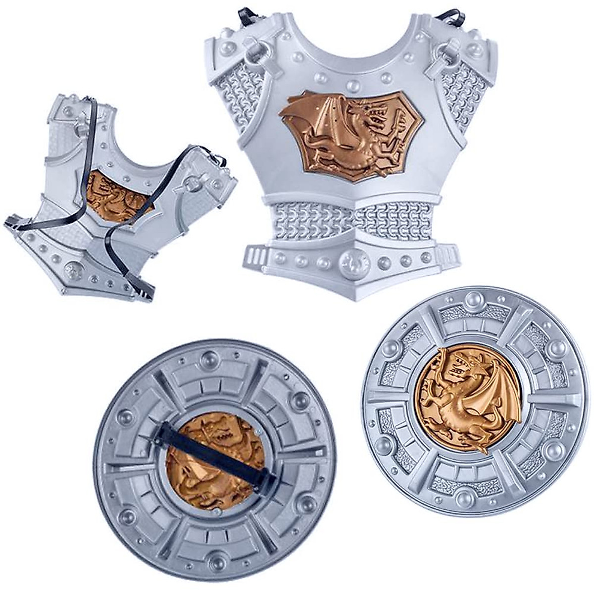 Medieval Knight in Shining Armor, Kids Crusader Pretend Role Play Plastic Costume Dress Up Cosplay with Toy Swords, Axe, Shield, Weapons & Accessories Playset