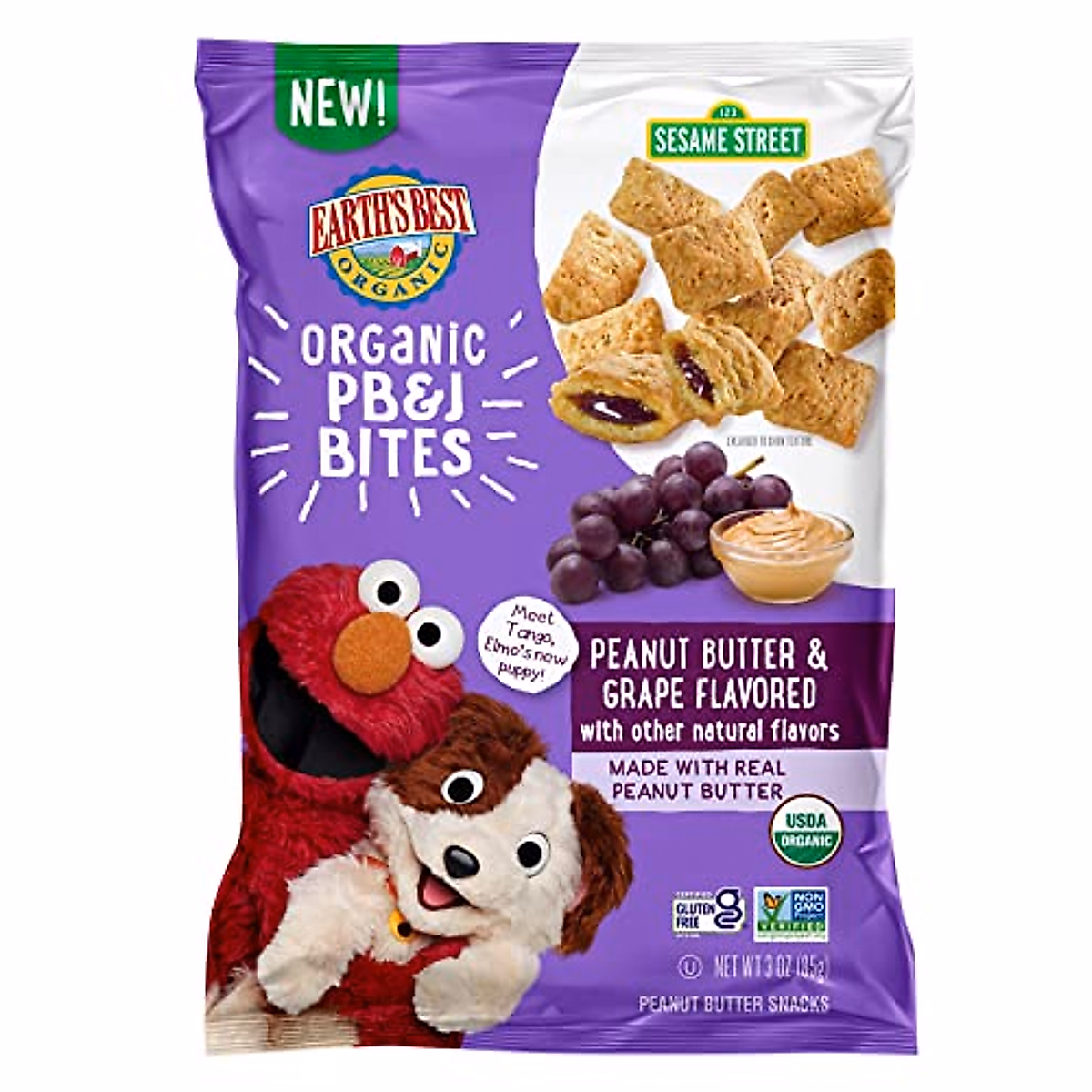 Earth's Best Organic Kids Snacks, Sesame Street Toddler Snacks, Organic PB&J Bites for Toddlers 2 Years and Older, Peanut Butter and Grape Flavored with Other Natural Flavors, 3 oz Bag