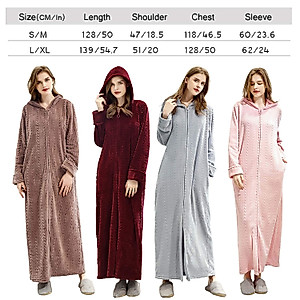 Hellomamma Long Hooded Zipper Bathrobe for Womens Flannel Fleece Robes Winter Warm Housecoat Nightgown Sleepwear Pajamas Light Grey L-XL