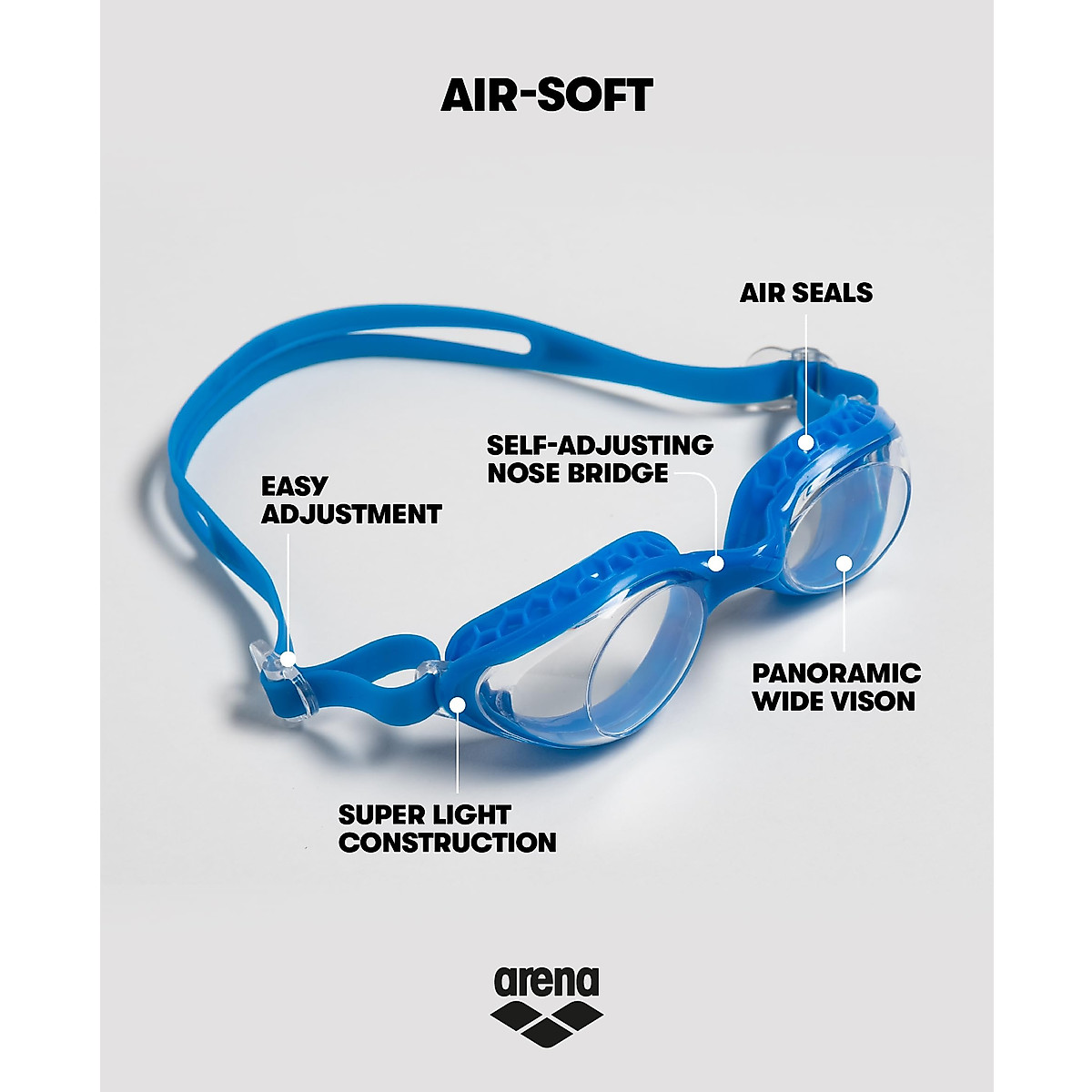 Arena Unisex Adult Air-Soft Anti-Fog Swim Goggles for Men and Women Recreational Swimming Superior Comfort Air Seals Technology, Clear/Blue