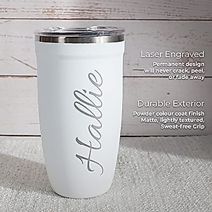 Personalized Vertical Name Engraved Insulated Tumbler, 16 oz. Stainless-Steel Travel Mug with Slide Lid, Custom Gift (Snow)