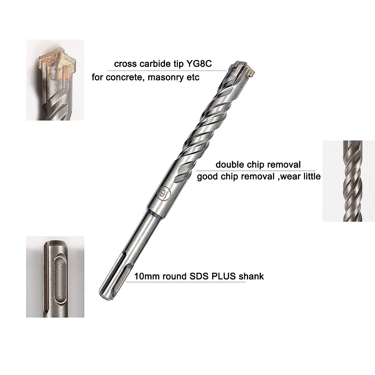 JFOGO 10 Pieces Carbide-Tipped SDS-Plus Rotary Hammer Drill Bit Set for Concrete，Brick,Block,Stone,Masonry