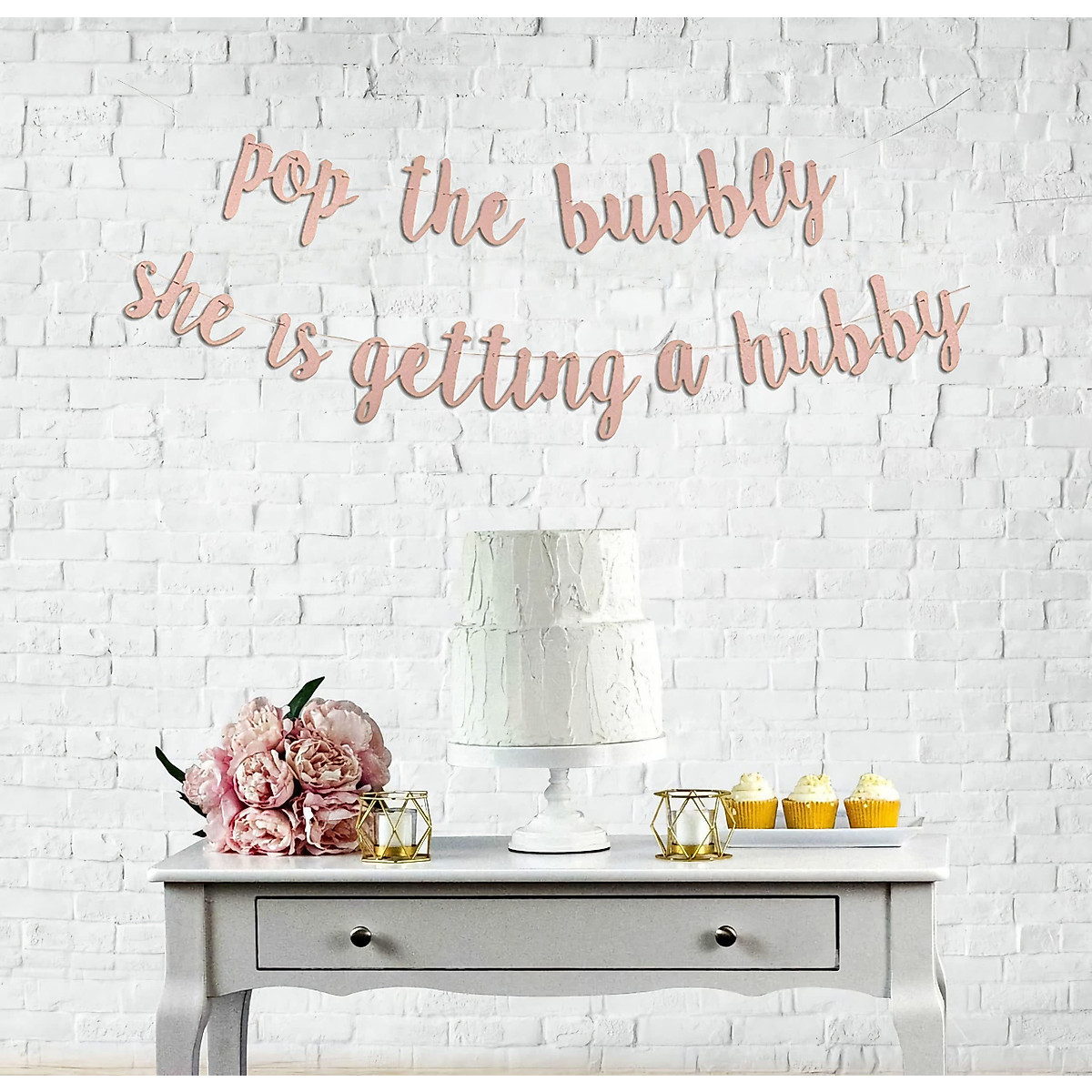 Engagement Party Decorations Rose Gold Bridal Shower, Bachelorette Banner “Pop The Bubbly She is Getting a Hubby” Wedding Girls Night Out Golden Photo Props Bride to be Backdrop Decor Supplies Favors