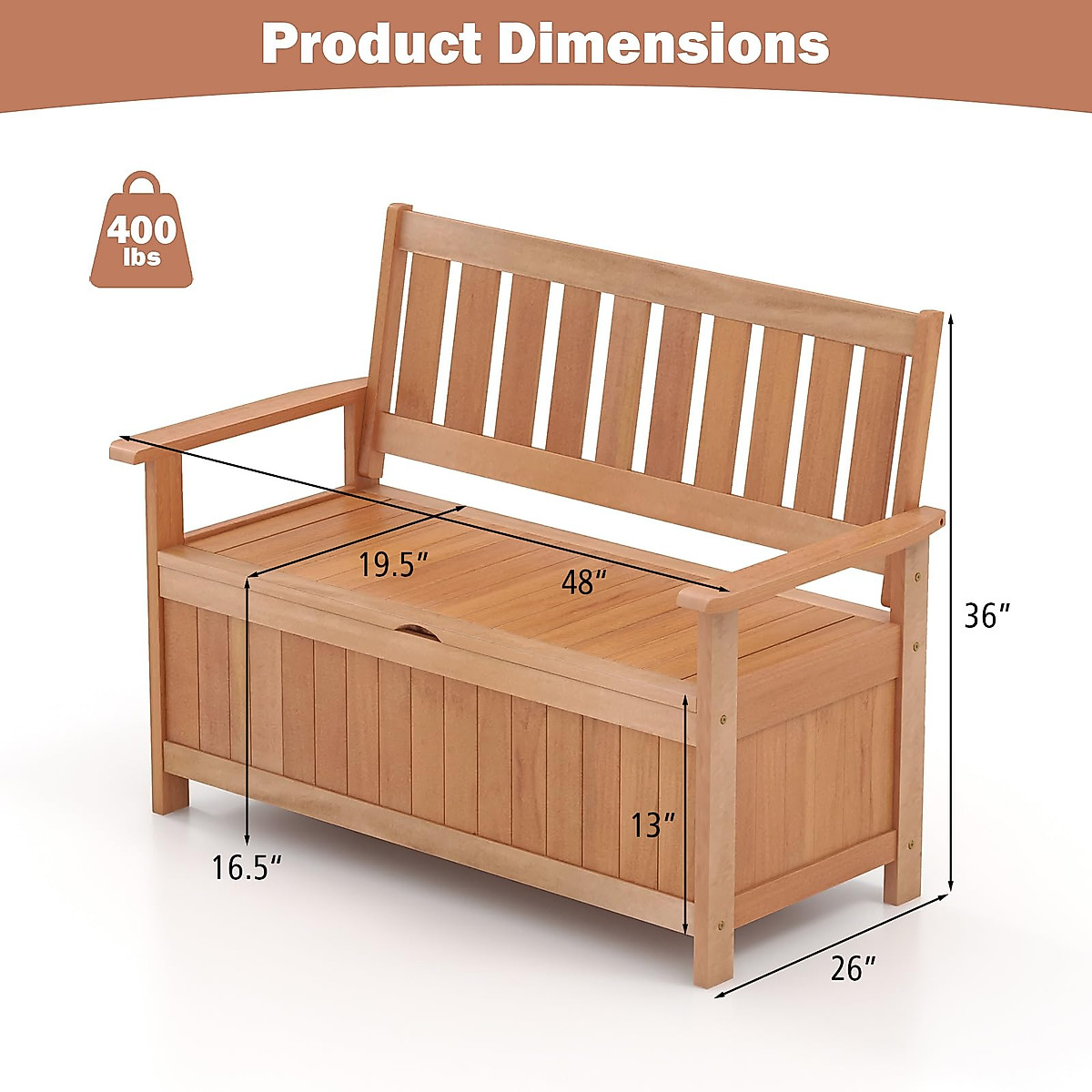 Tangkula 48 Inch Patio Storage Bench, Wood Storage Loveseat with 34.2 Gal Inner Space, Entryway Large Deck Box w/Slatted Backrest, Wooden Storage Seat for Backyard, Garden